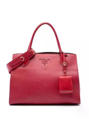 Prada 2010-2026 Medium Saffiano Cuir Monochrome Top Handle Tote Satchel - Red