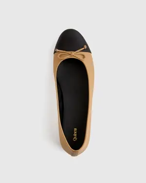 Quince Italian Leather Cap-toe Ballet Flat - Cashew/black