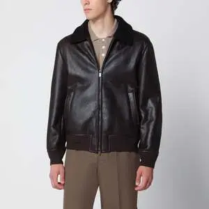 SALVATORE SANTORO Dark Leather Zip-up Jacket With Shearling Collar