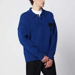 AMI Paris Electric De Coeur Polo Sweater In Wool - Blue