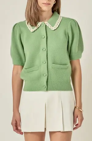 English Factory Lace Trim Puff Sleeve Cardigan - Sage