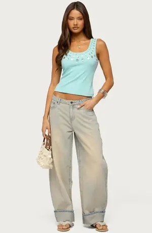 EDIKTED Iridescent Button Embellished Scoop Neck Crop Tank