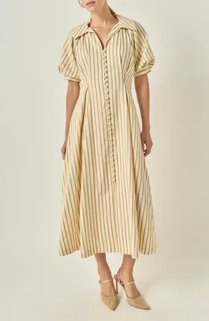 English Factory Striped Puff Sleeve Midi Dress - Natural