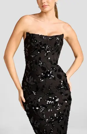 Dress The Population Cosette Sequin Floral Strapless Cocktail Sheath Dress