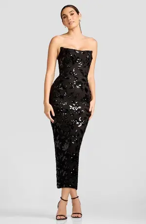 Dress The Population Cosette Sequin Floral Strapless Cocktail Sheath Dress