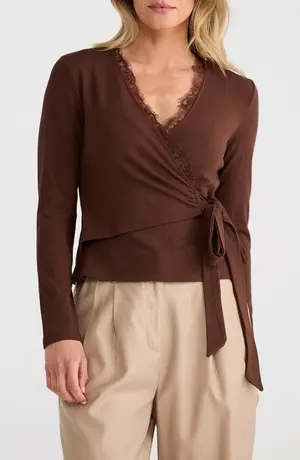 BRAVE+TRUE Brigitte Lace Trim Wrap Top - Espresso