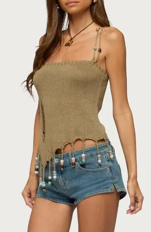 EDIKTED Fernie Bead Fringe Knit Tank Top