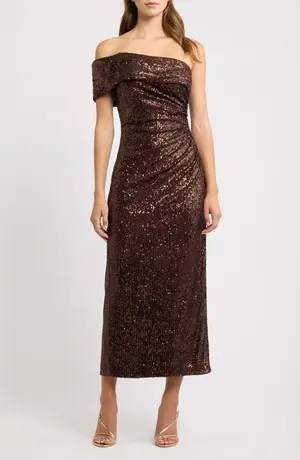Eliza J Sequin Ruched Gown - Chocolate