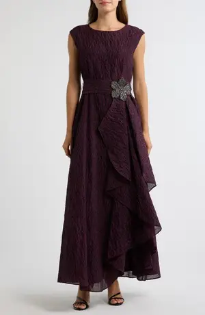 TAHARI ASL Crinkle Taffeta Sleeveless Gown - Plum