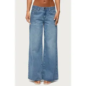 EDIKTED Low Rise Wide Leg Jeans With Union Jack Embellishment