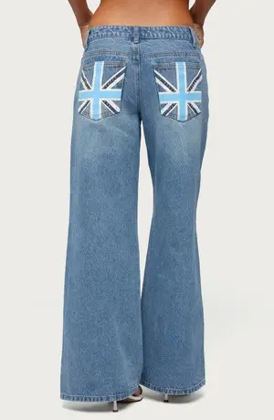 EDIKTED Low Rise Wide Leg Jeans With Union Jack Embellishment