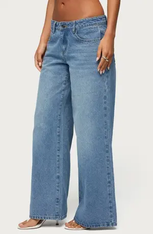 EDIKTED Low Rise Wide Leg Jeans With Union Jack Embellishment