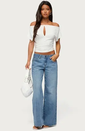 EDIKTED Low Rise Wide Leg Jeans With Union Jack Embellishment