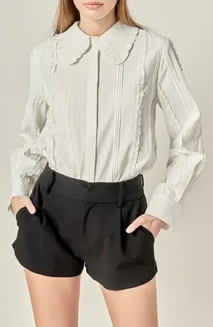 English Factory Stripe Pintuck & Ruffle Button-up Shirt