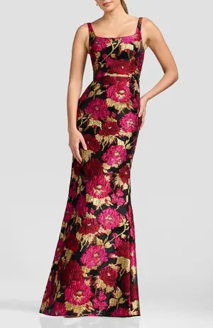 Dress The Population Lorena Metallic Floral Brocade Mermaid Gown - Fuchsia Multi