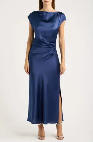 Sam Edelman Drape Bateau Neck Side Ruched Satin Cocktail Dress