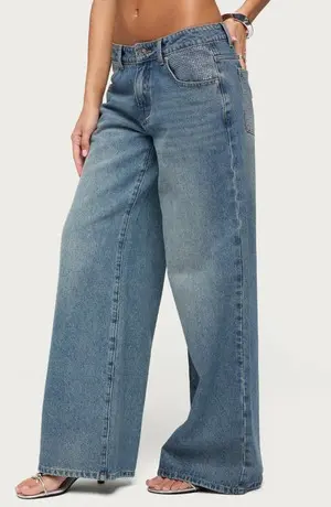 EDIKTED Rhinestone Low Rise Wide Leg Jeans