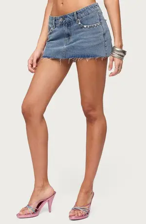 EDIKTED Avielle Studded Raw Hem Denim Miniskirt
