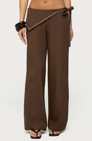 EDIKTED Studded Foldover Low Rise Wide Leg Pants
