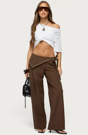 EDIKTED Studded Foldover Low Rise Wide Leg Pants