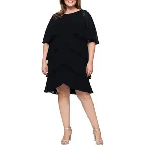 SL FASHIONS Cape Overlay Beaded Cocktail Dress - Black