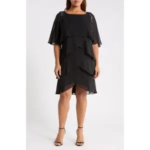 SL FASHIONS Cape Overlay Beaded Cocktail Dress - Black