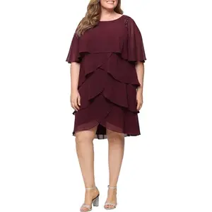 SL FASHIONS Cape Overlay Beaded Cocktail Dress - Fig