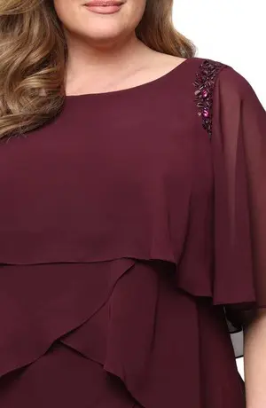 SL FASHIONS Cape Overlay Beaded Cocktail Dress - Fig