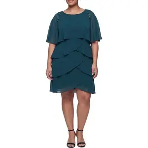 SL FASHIONS Beaded Cape Overlay Cocktail Dress - Mallard