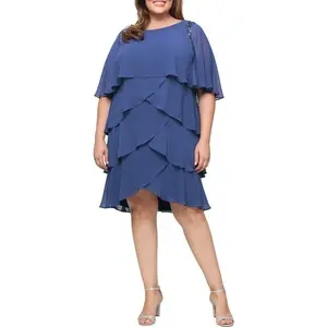SL FASHIONS Cape Overlay Beaded Cocktail Dress Wedgewood