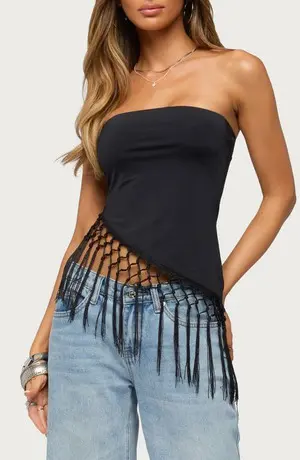 EDIKTED Asymmetric Fringe Strapless Top