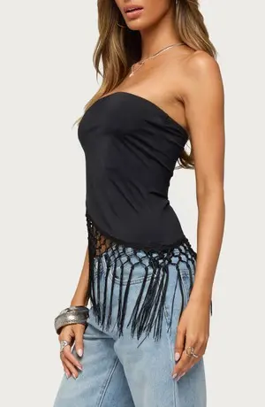 EDIKTED Asymmetric Fringe Strapless Top
