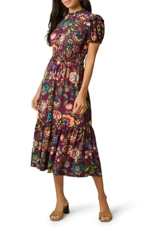 Adrianna Papell Printed Puff Sleeve Midi Dress - Burgundy Multi