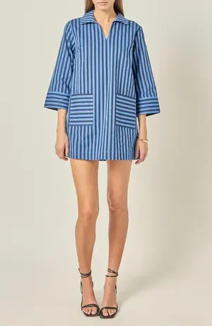 English Factory Striped Kaftan Collar Minidress - Navy/blue
