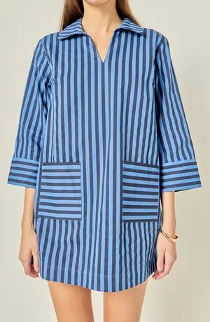 English Factory Striped Kaftan Collar Minidress