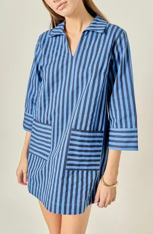 English Factory Striped Kaftan Collar Minidress