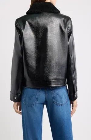 Sam Edelman Slim Fit Faux Leather Jacket With Faux Fur Trim - Black
