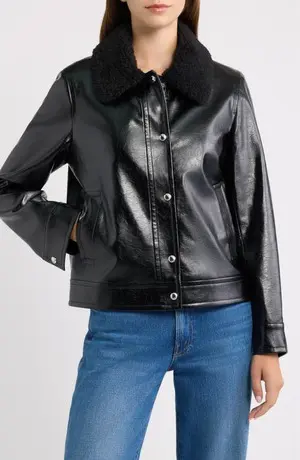 Sam Edelman Slim Fit Faux Leather Jacket With Faux Fur Trim - Black