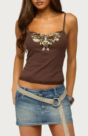 EDIKTED Sequin Butterfly Ribbed Tank