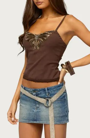 EDIKTED Sequin Butterfly Ribbed Tank