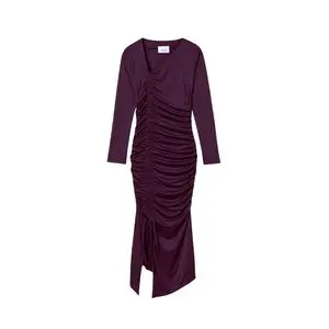 DĀL THE LABEL Ruched Asymmetric Midi Dress Raisin