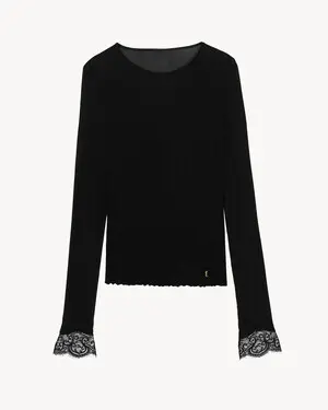 Saint Laurent Cassandre Lace-cuff Top In Ribbed Silk Jersey
