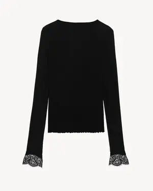 Saint Laurent Cassandre Lace-cuff Top In Ribbed Silk Jersey