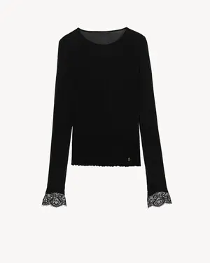 Saint Laurent Cassandre Lace Cuff Ribbed Silk Top