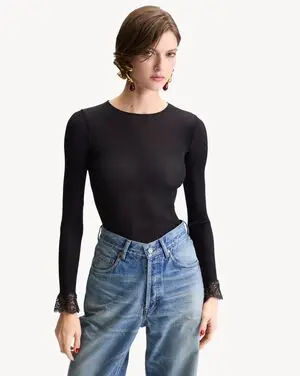 Saint Laurent Cassandre Lace Cuff Ribbed Silk Top