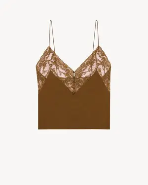 Saint Laurent Laced Camisole In Silk Crepe De Chine - Cuir
