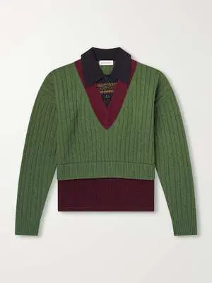 Dries Van Noten Jacquard-trimmed Cable-knit Wool And Cotton-blend Sweater - Green