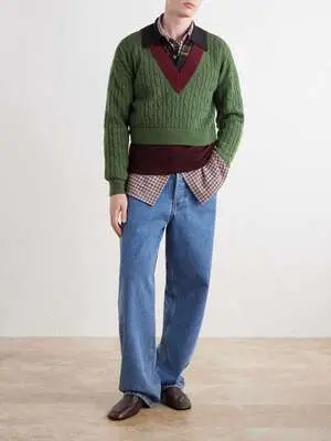 Dries Van Noten Jacquard-trimmed Cable-knit Wool And Cotton-blend Sweater