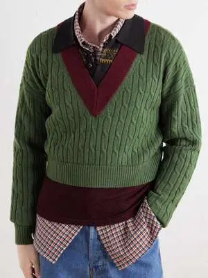 Dries Van Noten Jacquard-trimmed Cable-knit Wool And Cotton-blend Sweater