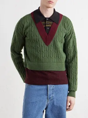 Dries Van Noten Jacquard-trimmed Cable-knit Wool And Cotton-blend Sweater - Green